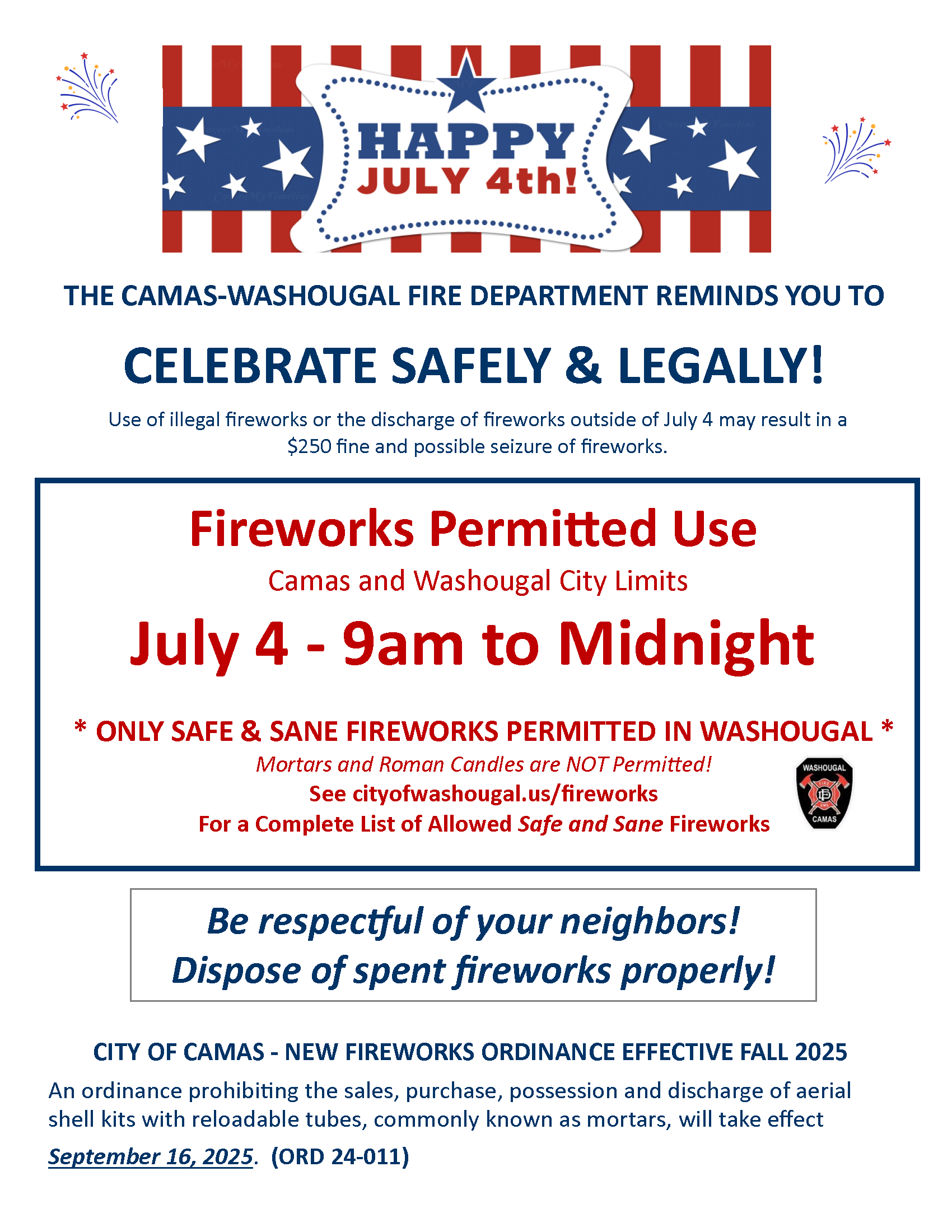 Fireworks Regulations, Sales and Discharge for July 4, 2025 | Camas WA
